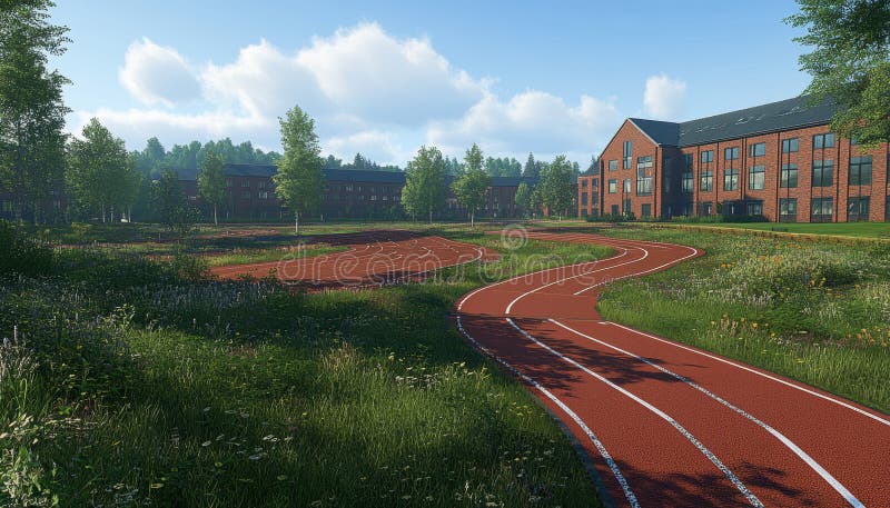 Winding Athletic Track Surrounded by Greenery at a School Campus in ...