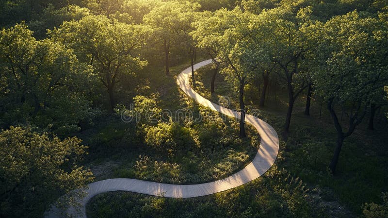 A Winding Bike Path through a Forest with Sunlight Streaming through ...