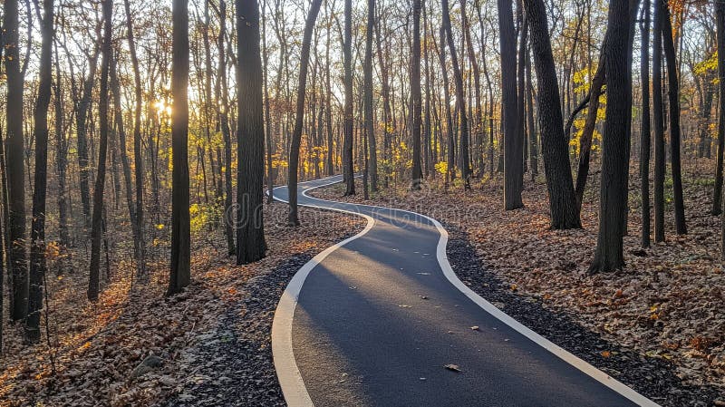A Winding Bike Path through a Forest with Sunlight Streaming through ...