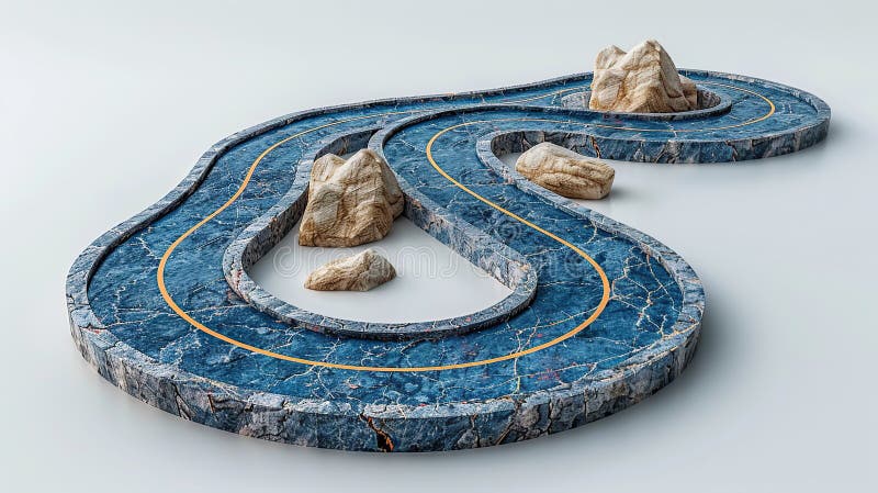 A Winding Blue Marble Path with Yellow Lines and Rocks Stock ...