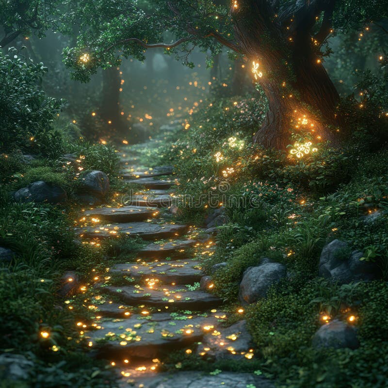 A Winding, Blue-stone Path Illuminated by Soft Lights Guides through a ...