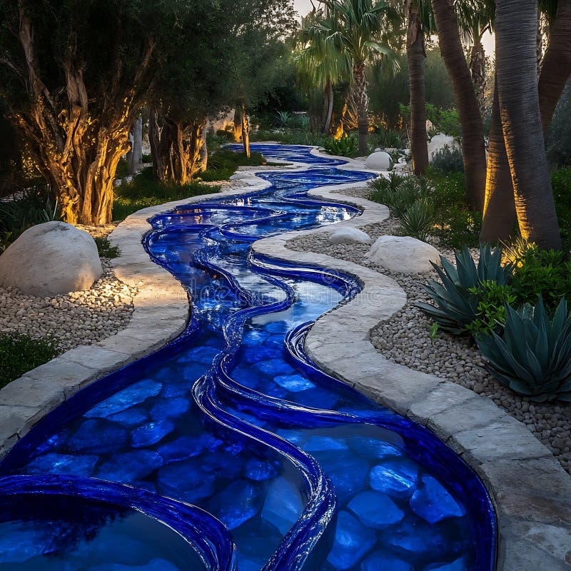 Winding Blue Water Feature in a Lush Garden Stock Illustration ...