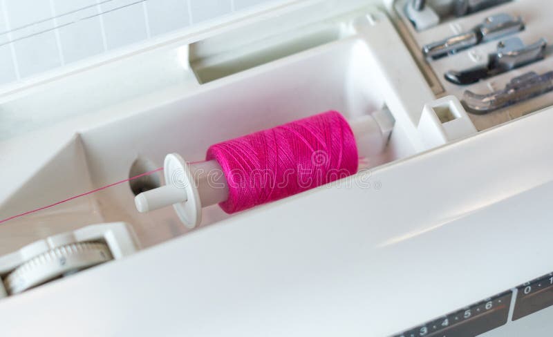 Winding a Bobbin, the Spool of Thread in the Spool Pin of Sewing ...