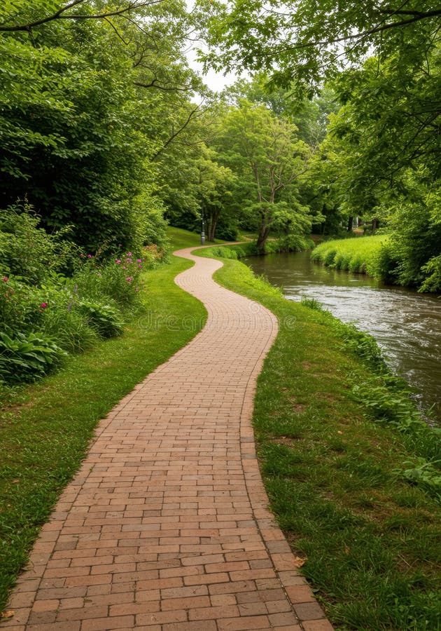 Winding Brick Path beside a Calm River Stock Image - Image of ...