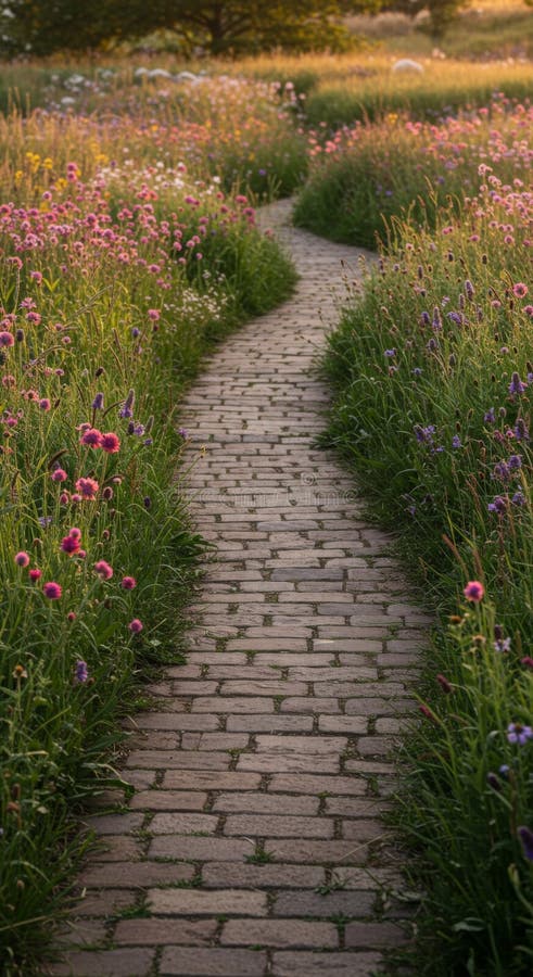 Winding Brick Path through a Summer Wildflower Meadow Stock ...