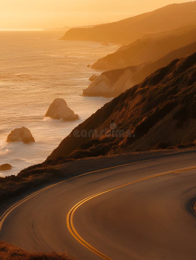 A Winding Coastal Road Bathed in Golden Sunset Light, Overlooking the ...