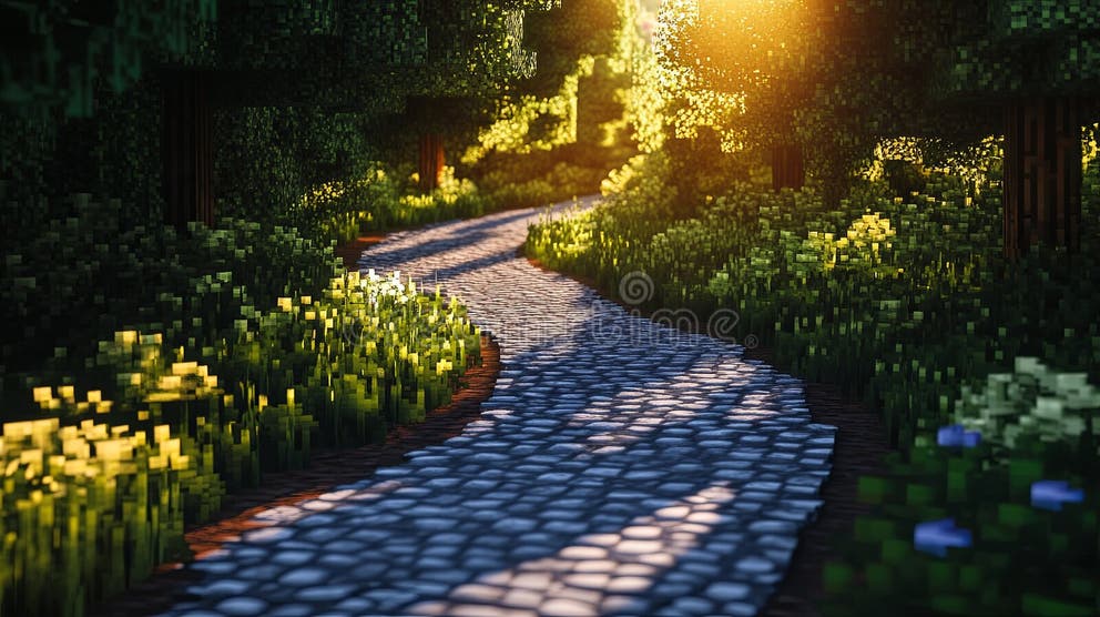 A Winding Cobblestone Path Leading through a Dense, Sunlit Forest Pic ...