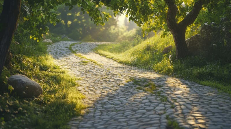 Winding Cobblestone Path through Lush Greenery at Dawn with Gentle ...