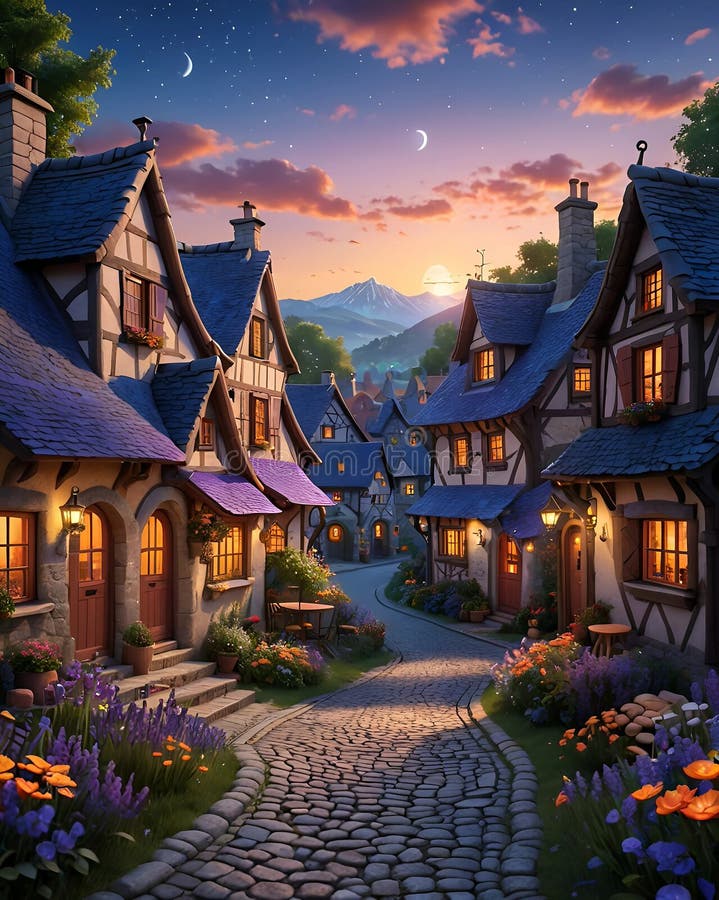 A Winding Cobblestone Path through a Village with a Serene Twilight ...