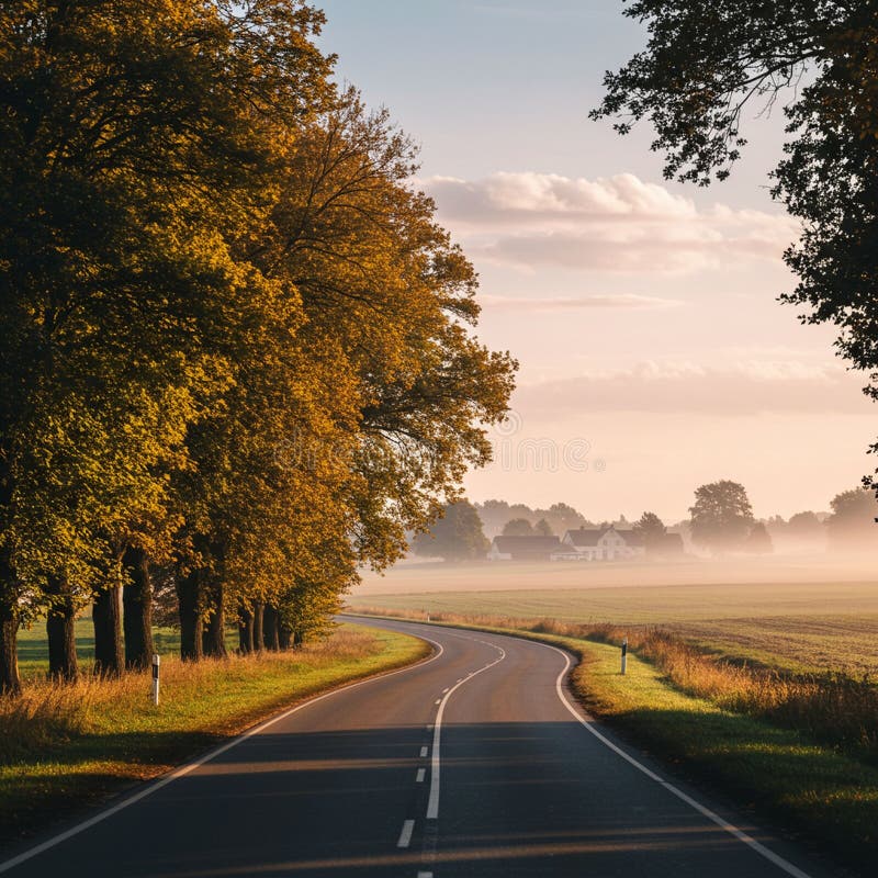 A Winding Country Road Flanked by Tall Trees with Autumn Foliage on the ...