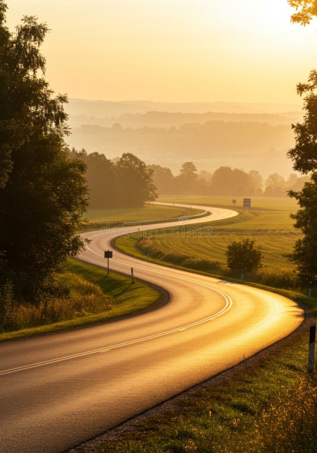 Winding Country Road between Fields and Forest at Sunset Stock Photo ...