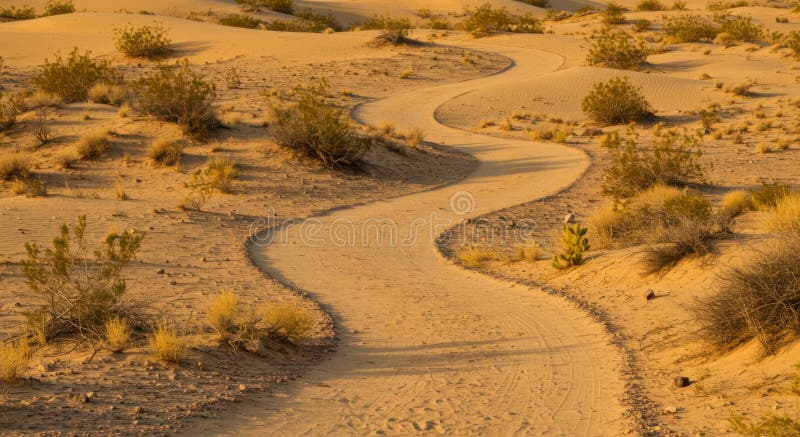 Winding Desert Trail with Golden Sand and Sparse Vegetation Stock ...