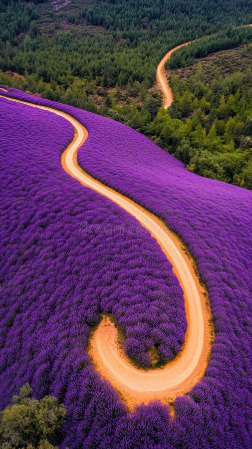 Winding Path through Vibrant Lavender Fields Under a Lush Green Forest ...