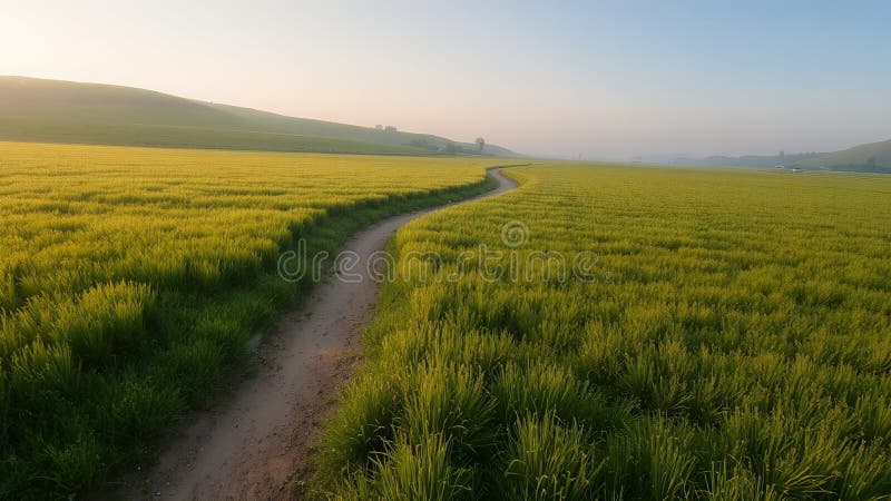 A Winding Dirt Path Cuts through a Vast Field of Green Grass Stock ...
