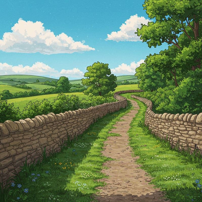 A Winding Dirt Path Flanked by Stone Walls Cuts through a Lush, Green ...