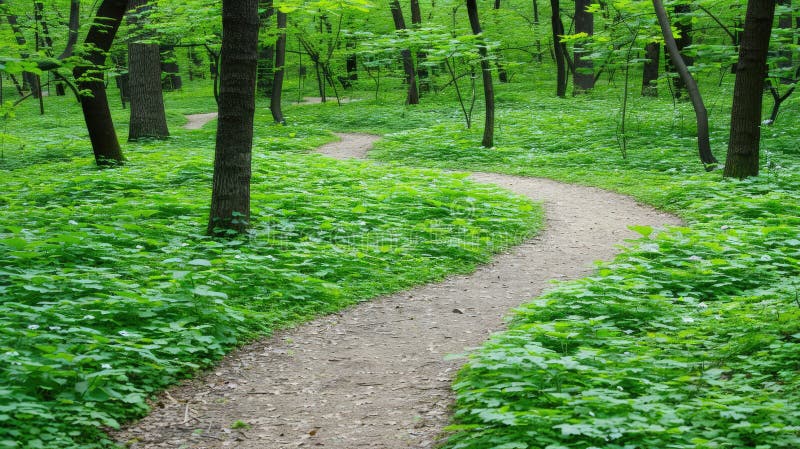 A Winding Dirt Path Leads through a Dense Green Forest, Sunlight ...