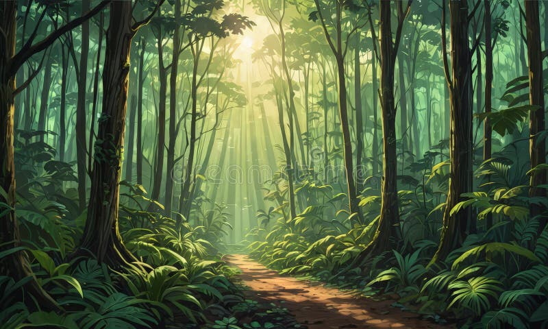 Winding Dirt Path Leads through Dense, Lush Forest, with Sunlight ...
