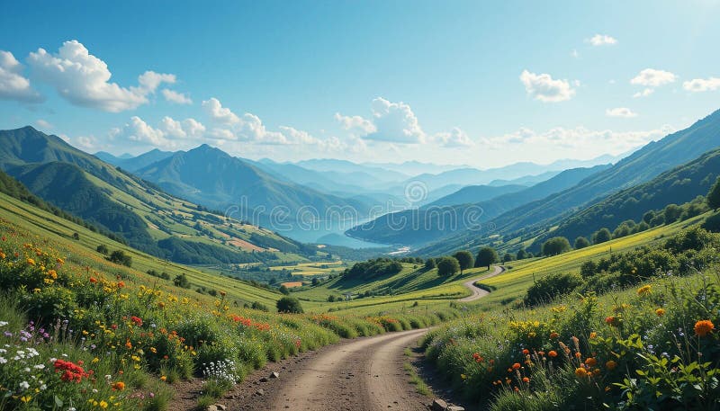 A Winding Dirt Path Leads through a Lush, Idyllic Valley Surrounded by ...