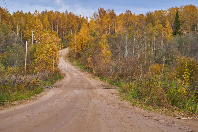 Winding Dirt Road through the Autumn Forest. Beautiful Autumn Landscape ...