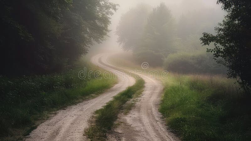 A Winding Dirt Road through a Misty Forest Stock Illustration ...