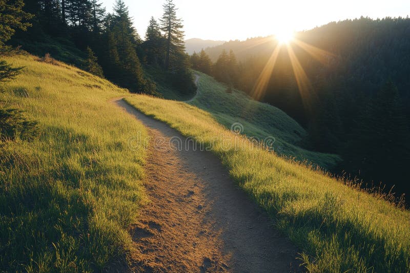 Winding Dirt Trail through Lush Forest at Sunset, Bathed in Warm Light ...