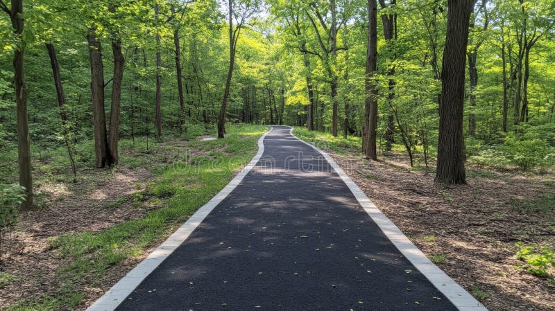 Winding Forest Path Asphalt Trail through Lush Green Trees Stock ...