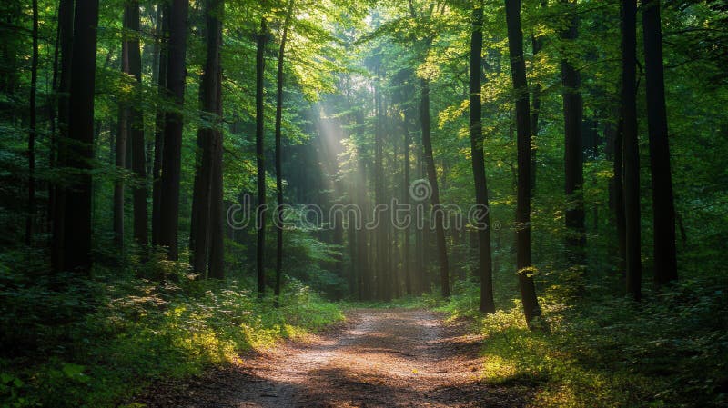 Winding Forest Path Leading through Dense Trees and Dappled Sunlight ...