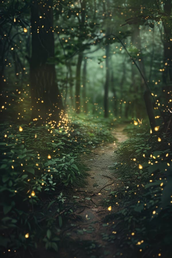 A Winding Forest Path Lit by Fireflies at Night, Offering a Serene and ...