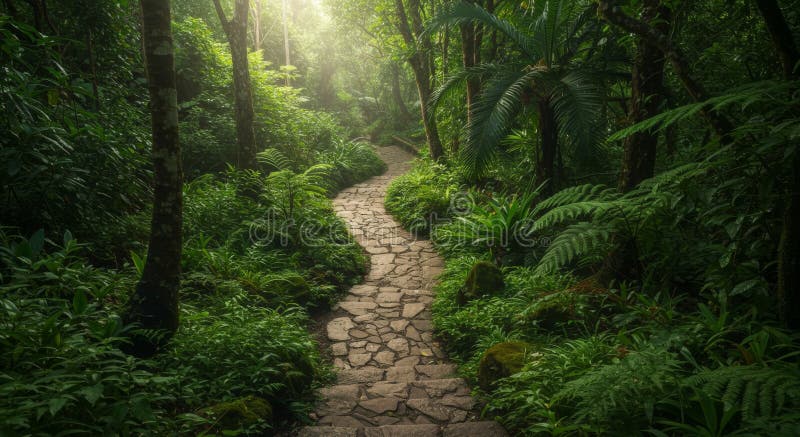 Winding Forest Path with Lush Greenery and Sunlight Stock Illustration ...