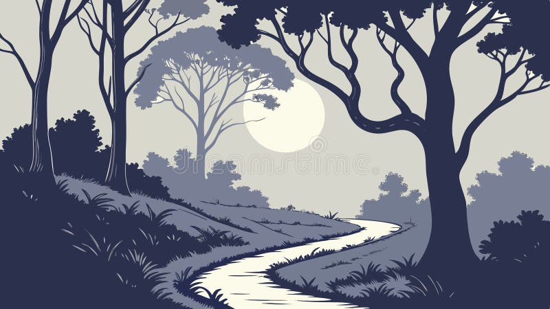 Winding Forest Path Moonlight Vector. Mysterious Woods, Vector Design ...