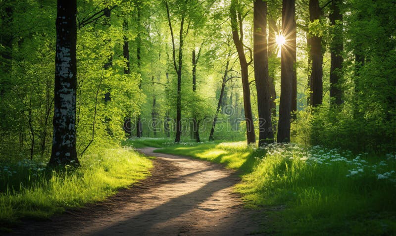 A Winding Forest Path through a Sunny Green Forest Illuminated by the ...