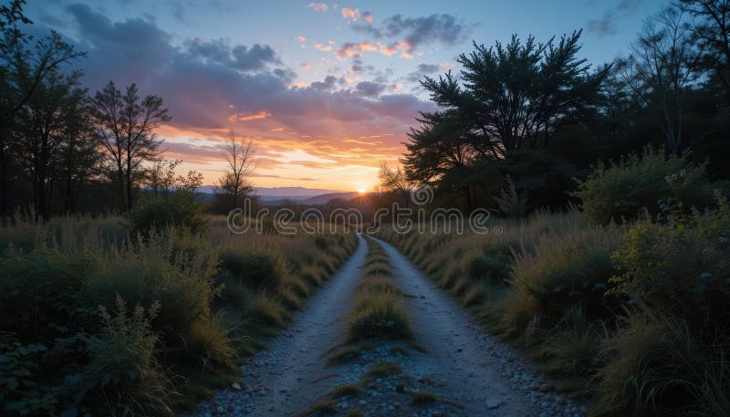Winding Forest Path at Sunset with Dramatic Cloud Colors Stock Photo ...
