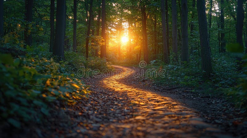 A Winding Forest Path at Sunset with Golden Light Shining through the ...