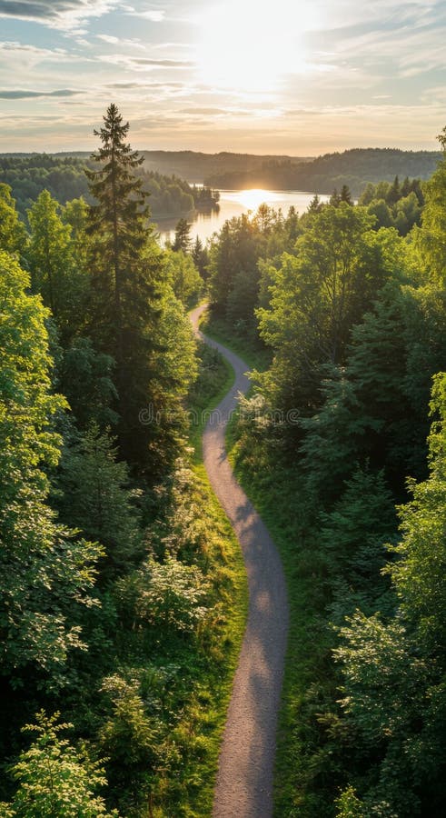 Winding Forest Path at Sunset Over River Stock Illustration ...
