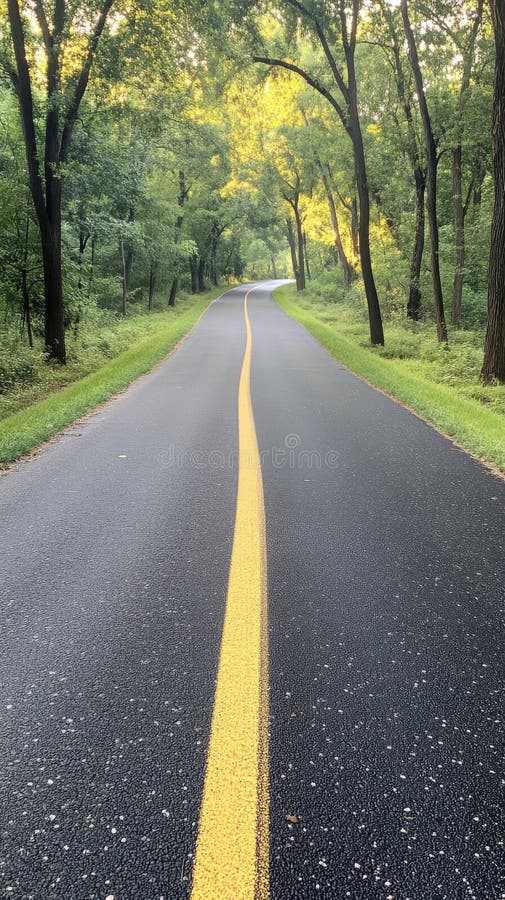 Winding Forest Road Lined with Tall Trees and Dappled Sunlight during ...