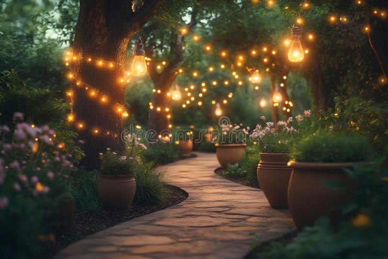 Winding Garden Path Illuminated by String Lights at Twilight Stock ...