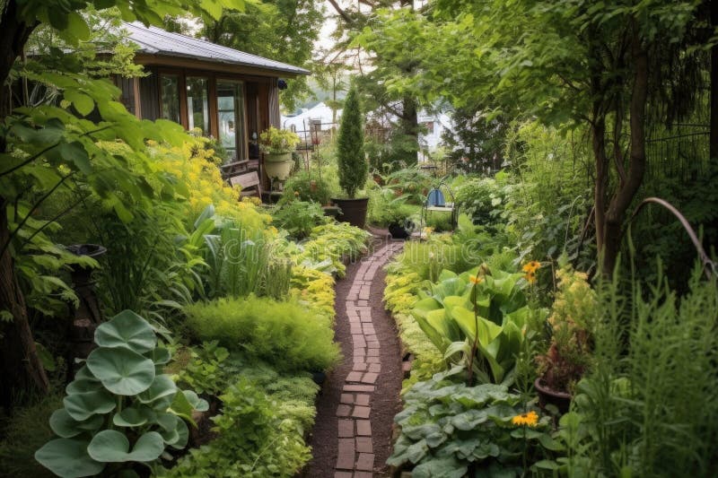 A Winding Garden Path Lined with Assorted Edible Plants Stock Photo ...