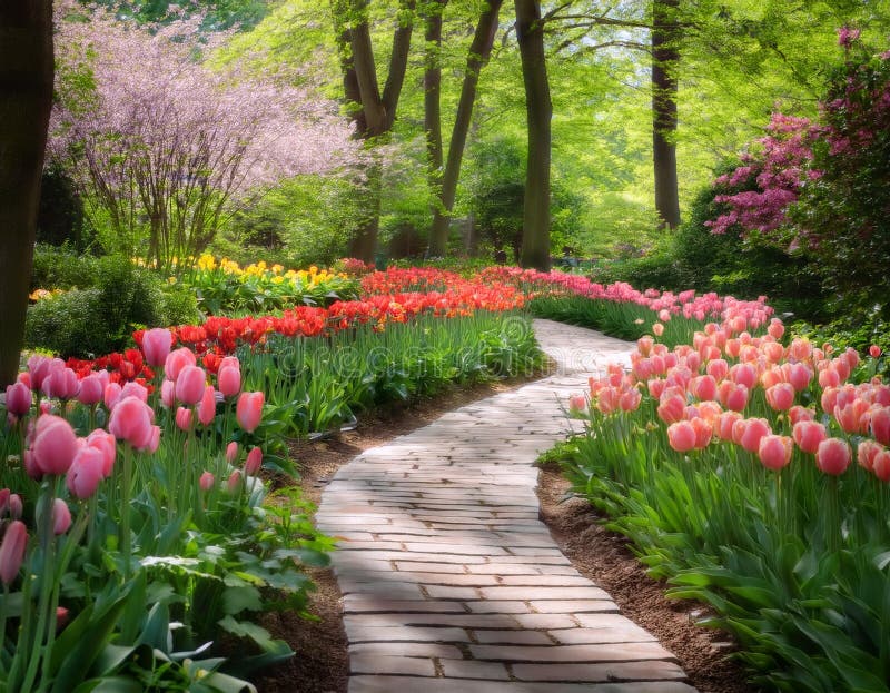 A Winding Garden Path Lined with Blooming Tulips and Fresh Spring ...