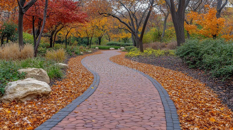 Winding Garden Pathway Covered in Autumn Leaves Stock Illustration ...