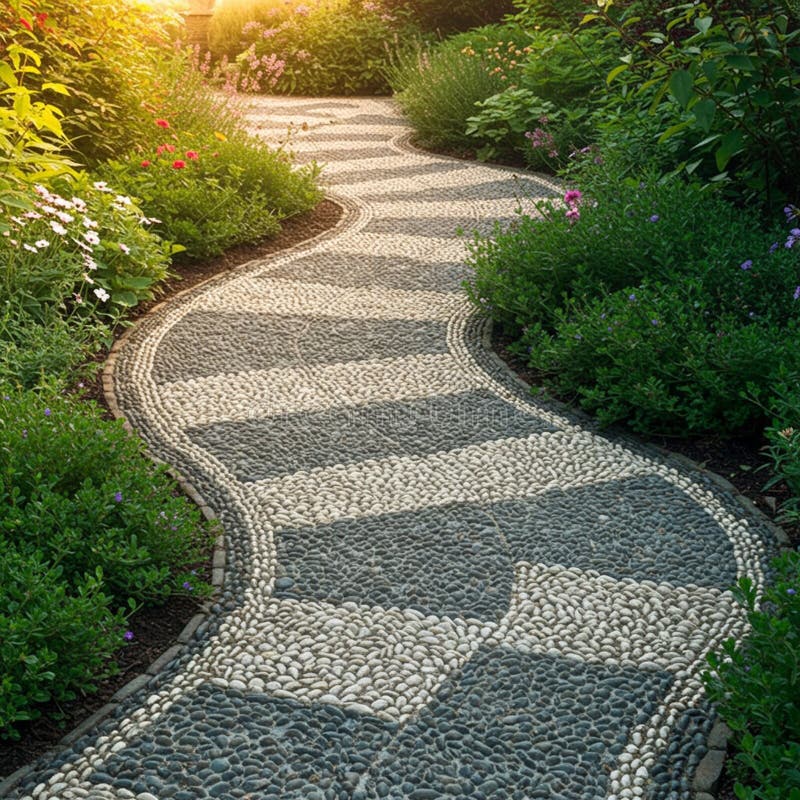 A Winding Garden Pathway Made of Alternating Black and White Pebbles ...