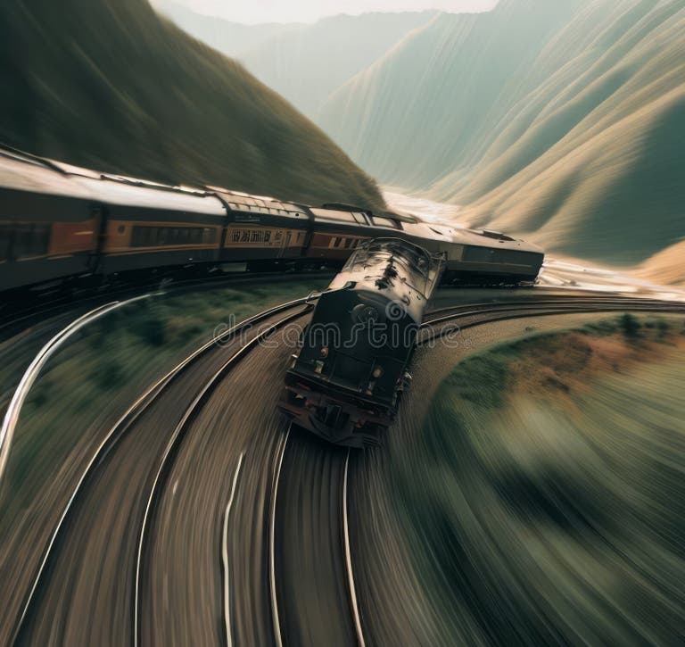 Winding Journey: Train Navigating a Mountain Pass Stock Illustration ...