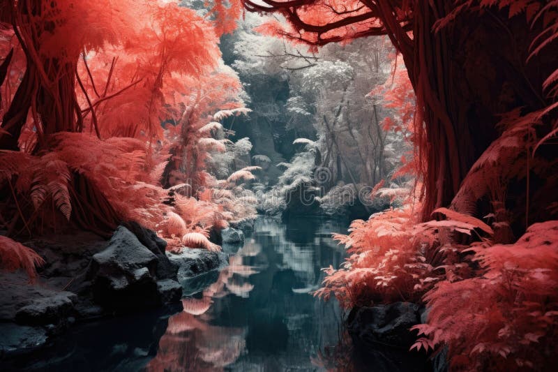A Winding Jungle River through Lush Infrared Foliage Stock Photo ...
