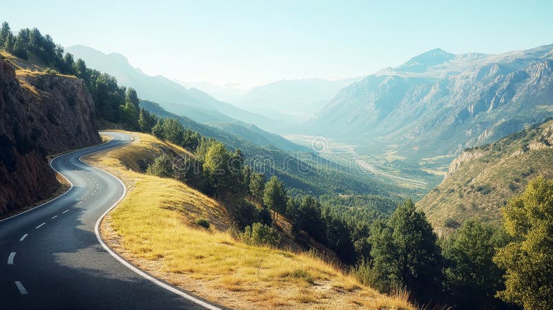 Winding Mountain Path with Scenic View of Lush Valley and Distant Peaks ...