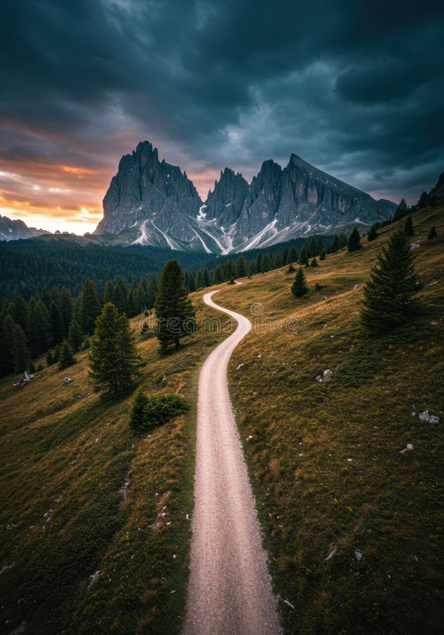 Winding Mountain Path at Sunset Stock Illustration - Illustration of ...