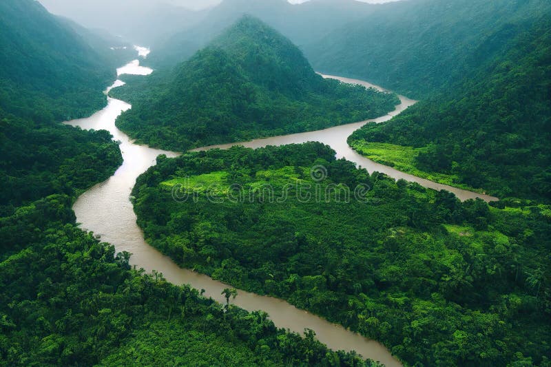 Winding Mountain River Flowing among Mountains Overgrown with Greenery ...