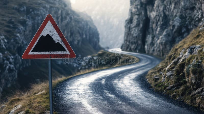 Winding Mountain Road with a Danger Sign Showcasing Steep Terrain Near ...
