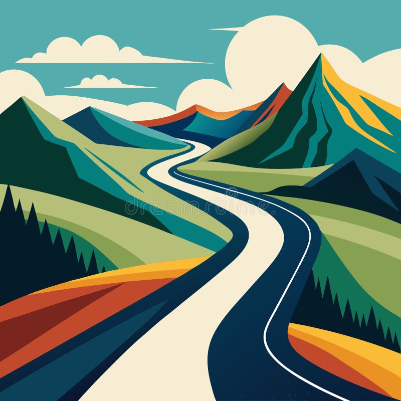 Mountain Road Perspective. Vector Cartoon Illustration of Beautiful ...