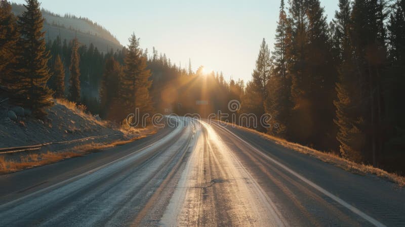 A Winding Mountain Road with Sun Rays Illuminating the Asphalt Stock ...