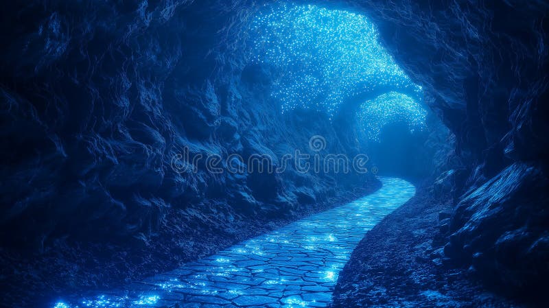 Winding Passage Illuminated by Glowing Elements in a Mystical Cave ...