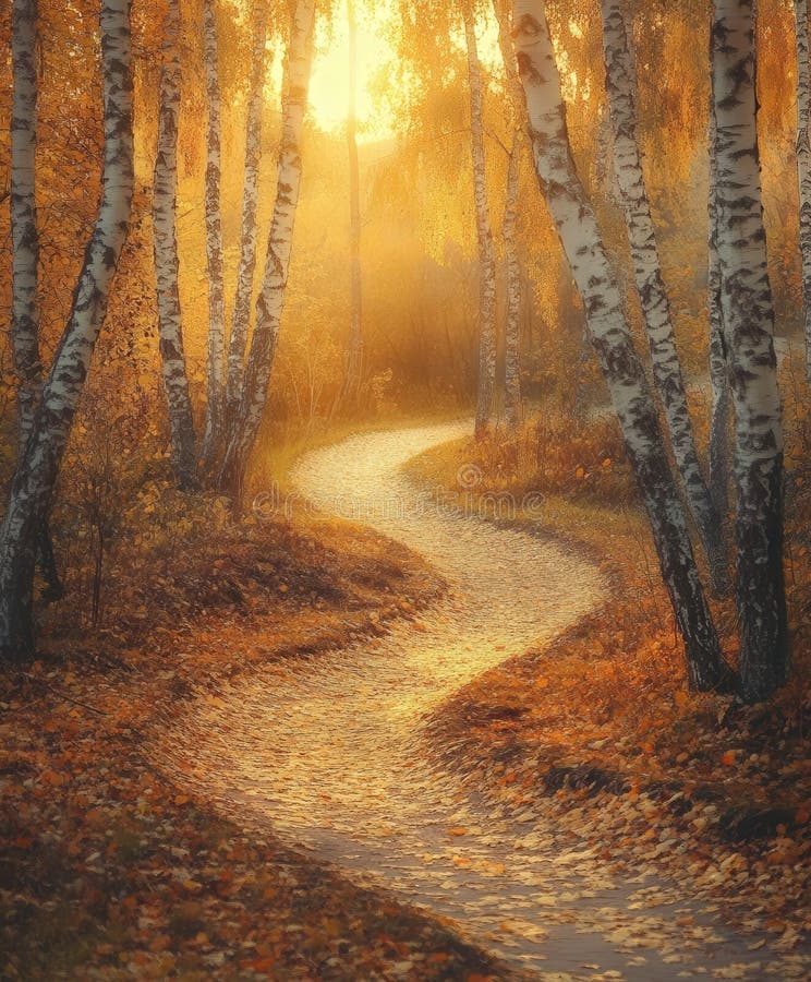 A Winding Path through Birch Trees Under a Golden Autumn Sunset Stock ...